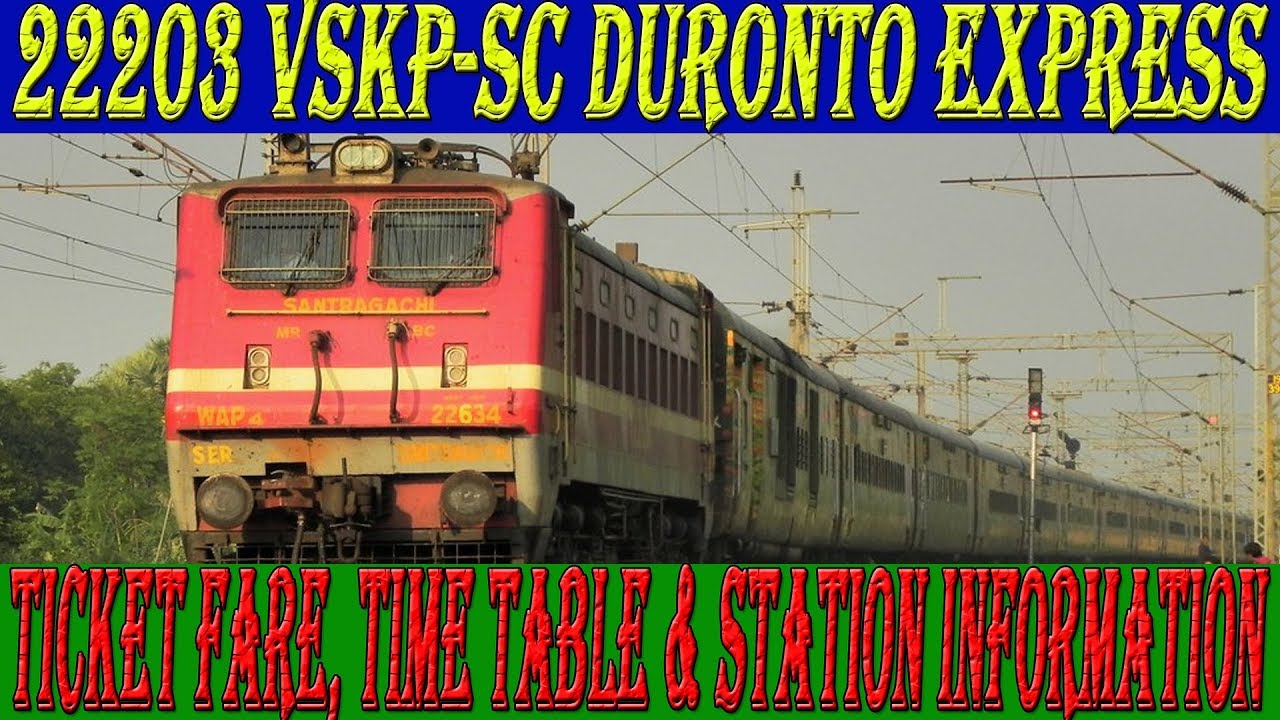 22203 VSKP to SC Duronto Express. Ticket Fare, Time Table, Station Info ...