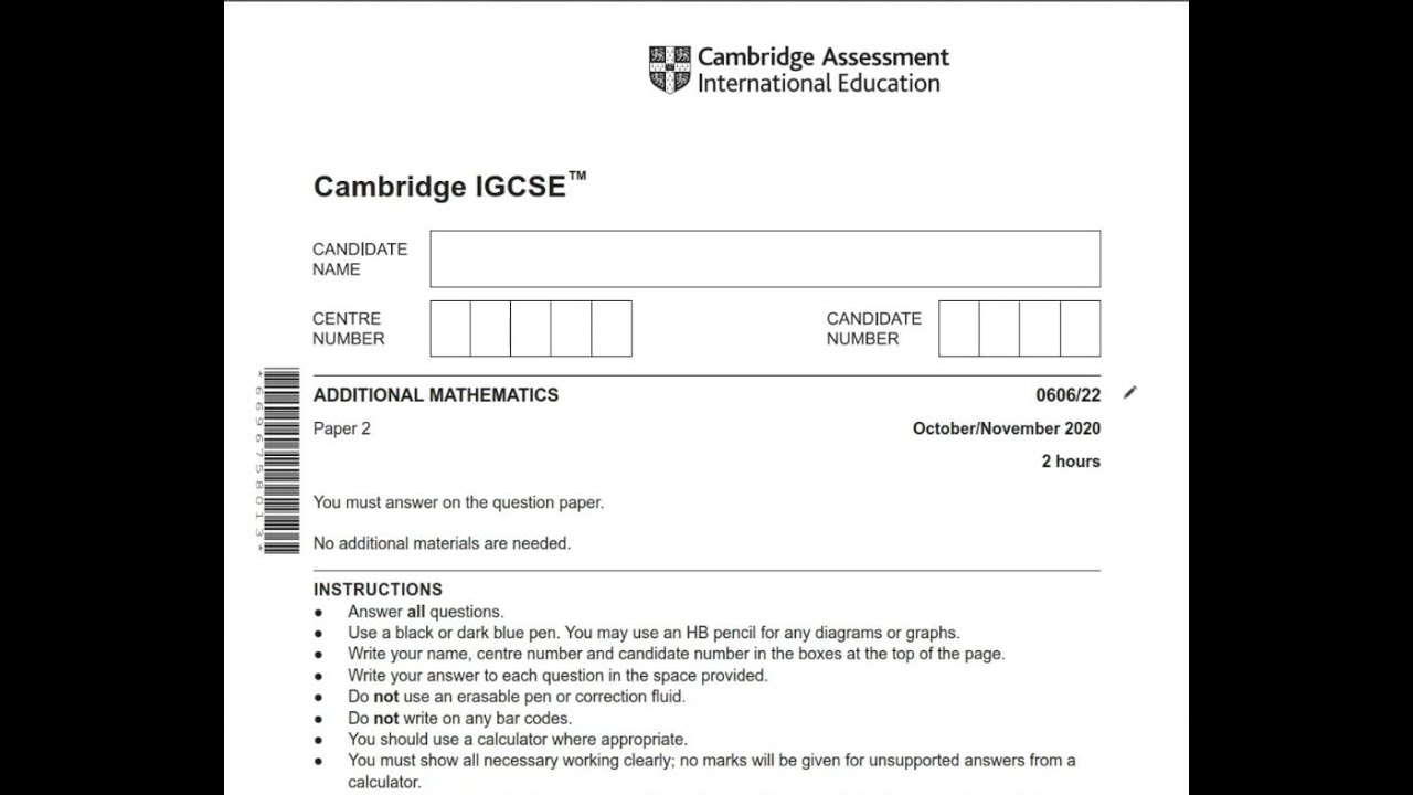 Additional Mathematics 0606/22/O/N/20 Cambridge IGCSE - YouTube