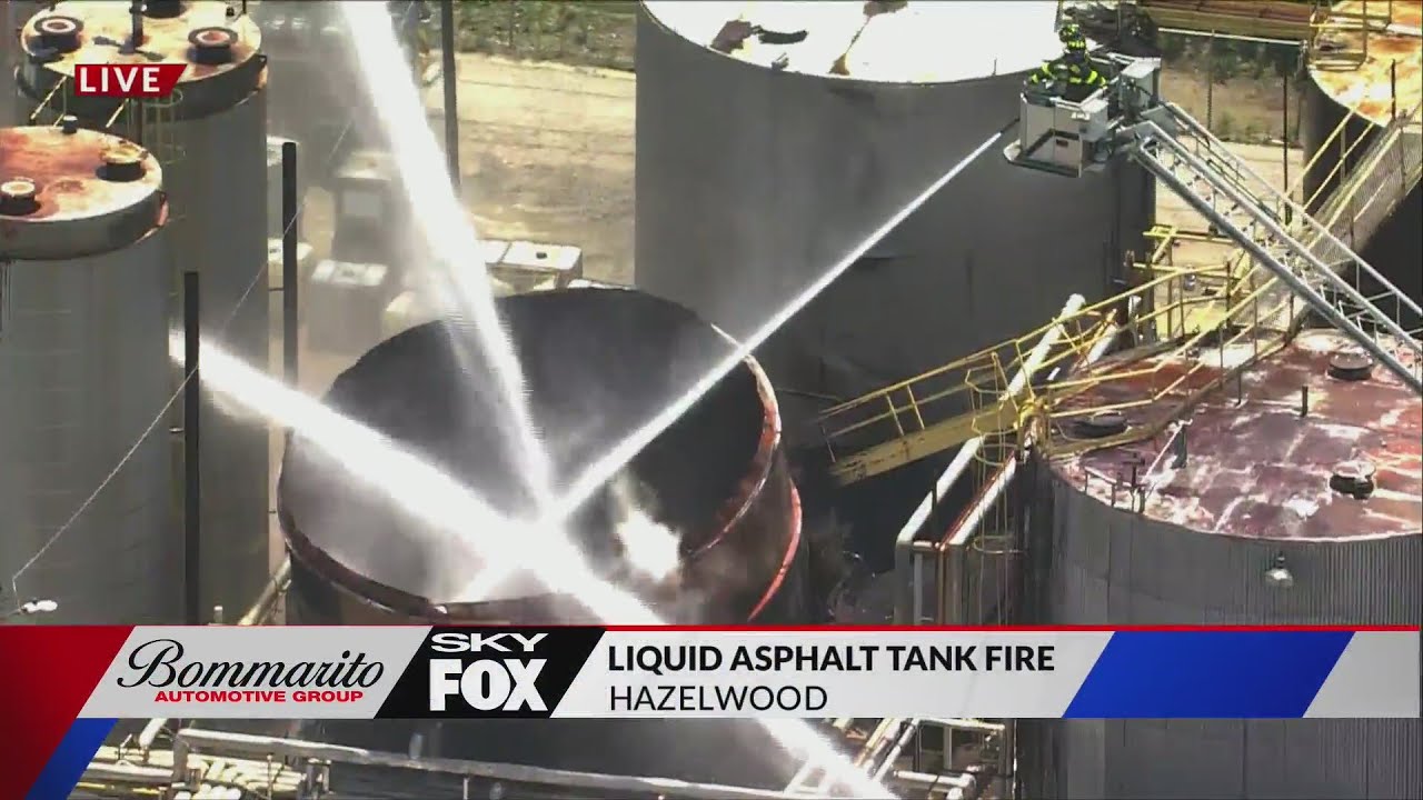 Liquid asphalt tank on fire in Hazelwood - YouTube