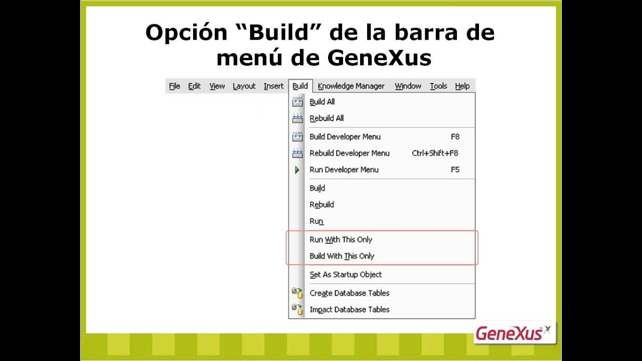 Opciones 'Build' de la menu bar de GeneXus X - YouTube