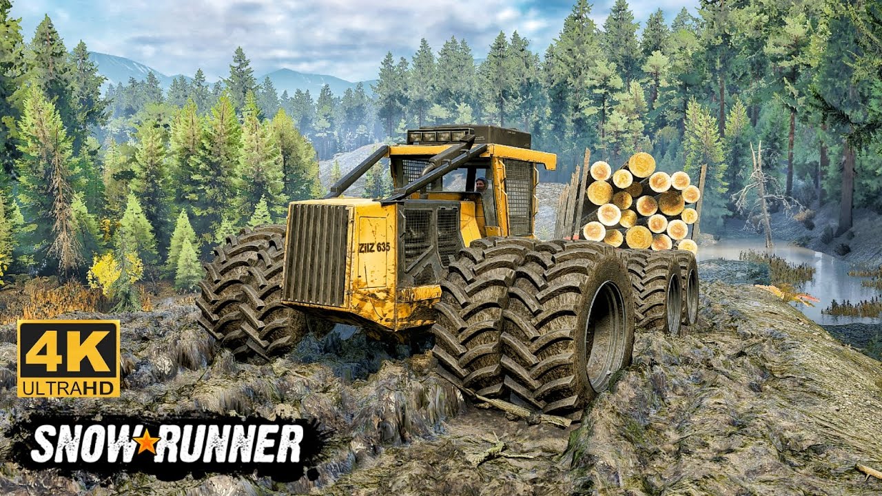 CAT 635 Offroad Truck Towing a Long Logs on Mudding Road In SnowRunner ...