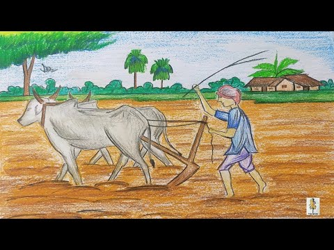 How to draw farmers working in the field easy/cultivation drawing - YouTube