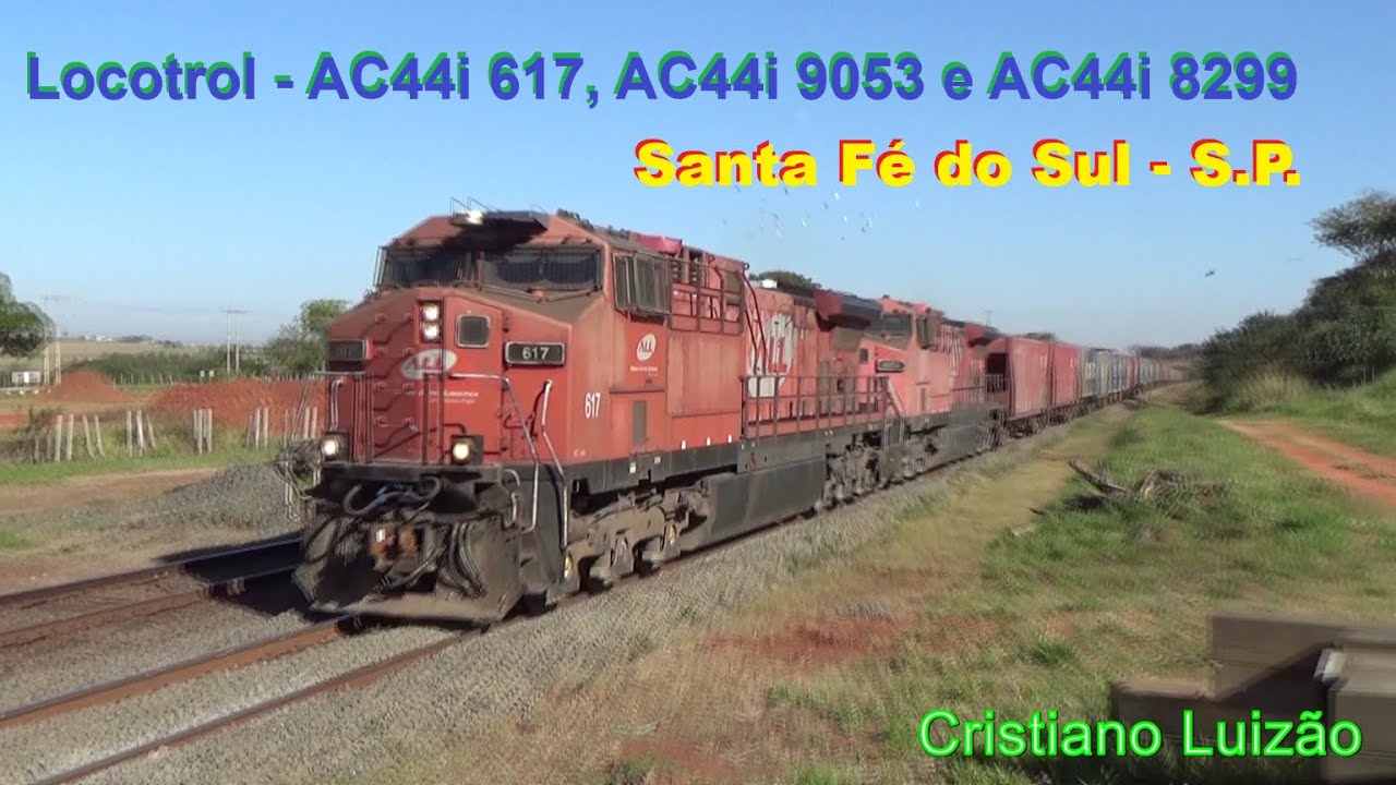 Locotrol AC44i 617, 9053 e 8299 com vagões fechados em Santa Fé do Sul ...