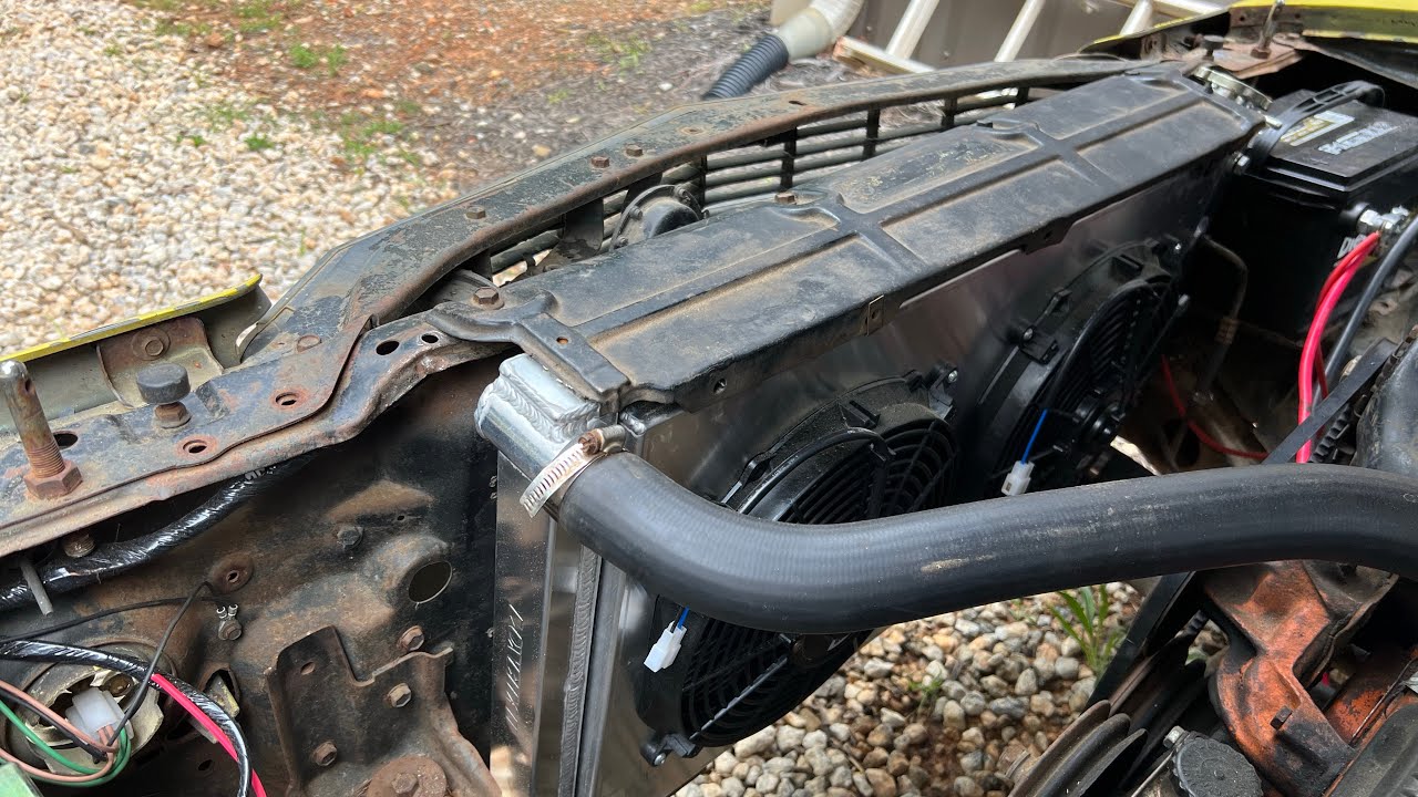 71 Chevelle wagon core support Repair new radiator install - YouTube