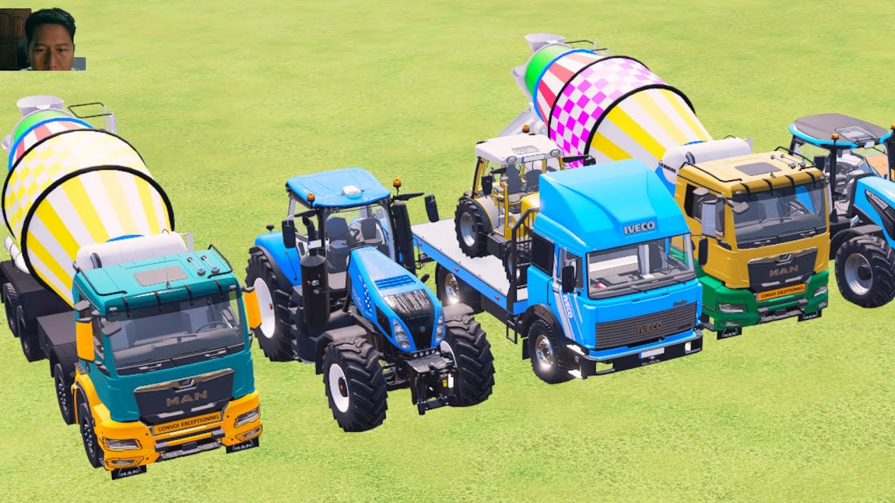 Transporting Double Flatbed Trailer truck vs tractor mixer truck BEAMNG ...