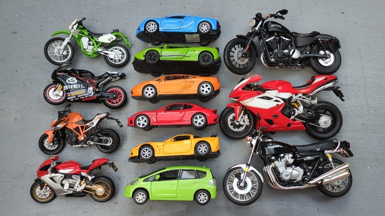 Various Diecast Model Cars & Bikes on the Floor, Bugatti, Harley ...