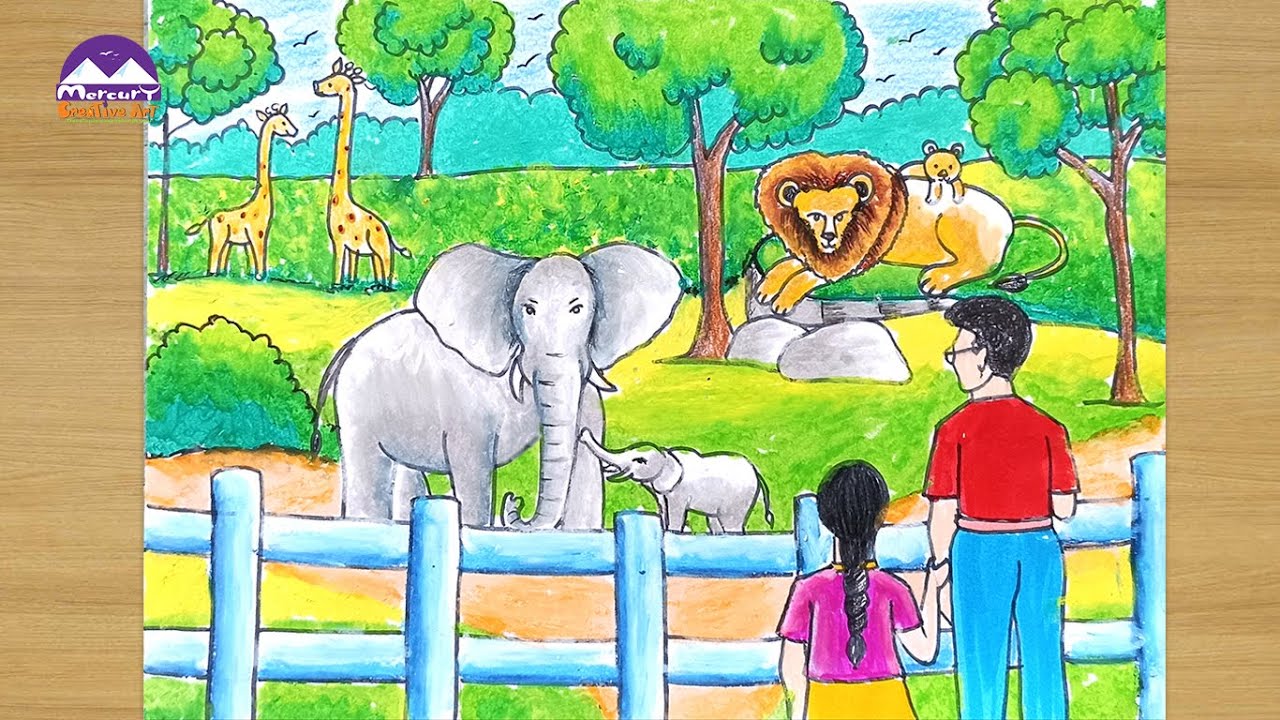 How to draw a day at the zoo | Save forest | Save animal | How to draw ...