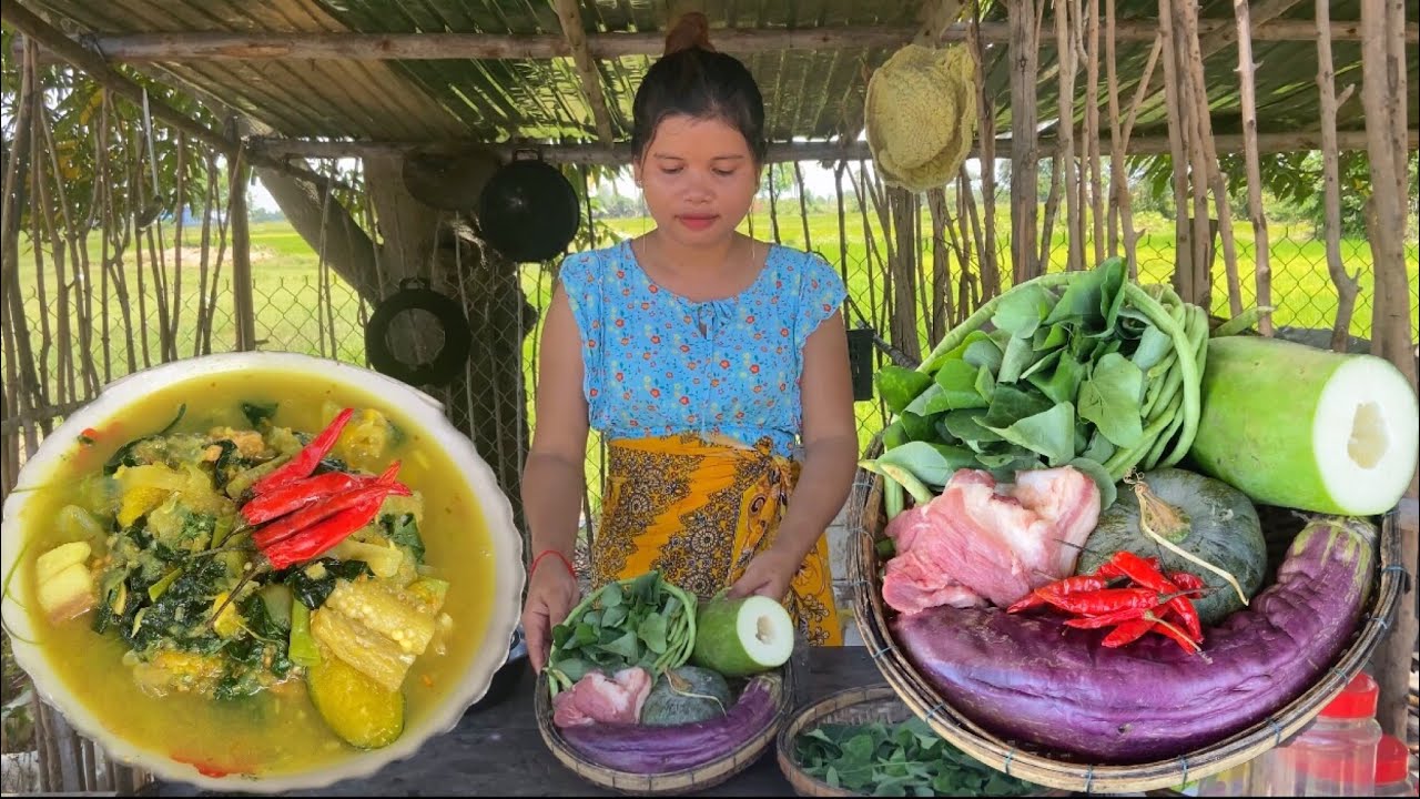 Country style cook vegetables with pork recipe cambodia and eat ...