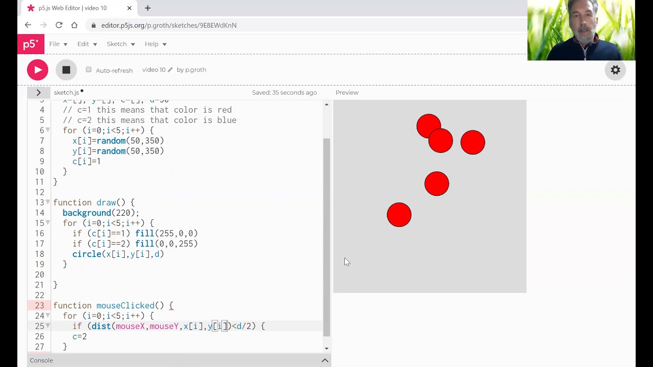 p5js video #11 multiple circles change colours - YouTube