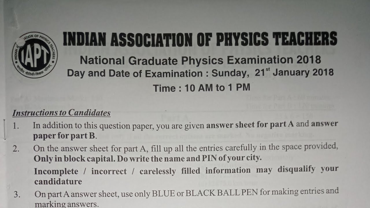 NGPE(National Graduate Physics Examination)-2018 Full questions Paper # ...