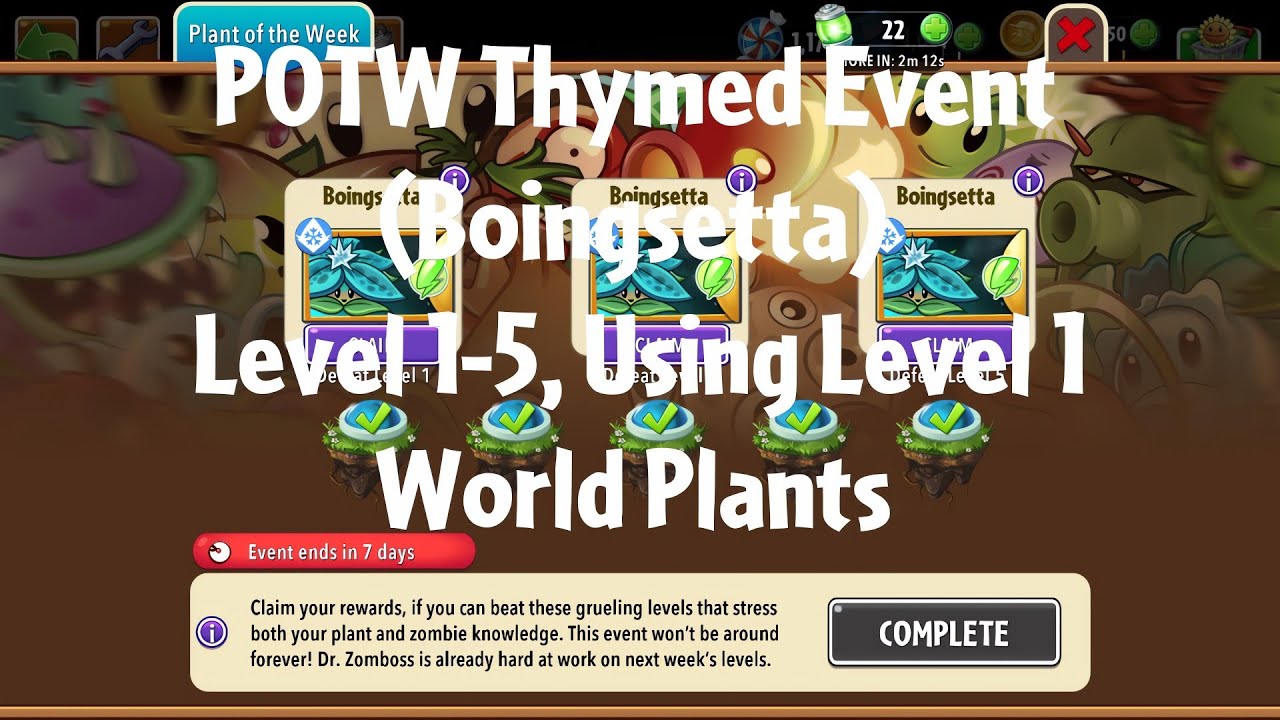PvZ2 POTW Thymed Event (Boingsetta), Level 1-5, Using Level 1 World ...