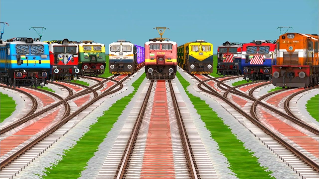 9 Trains Crossing On Bumpy Branched Railroad Tracks/Indian railways ...