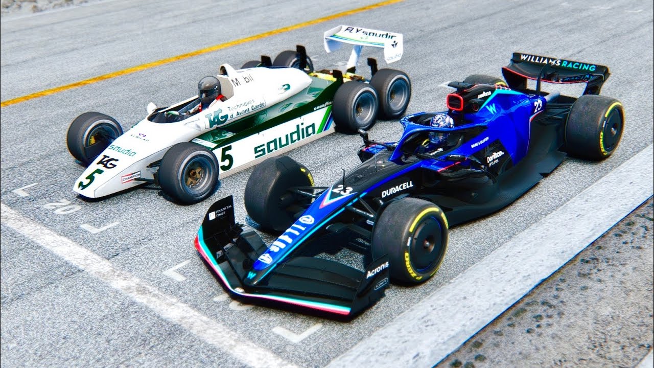 Williams F1 2022 vs Williams F1 6 Wheels 1980 at Donington Park - YouTube