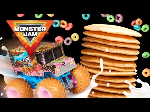 Can Monster Jam Trucks Jump A Pancake Tower? / Trucks vs Food!