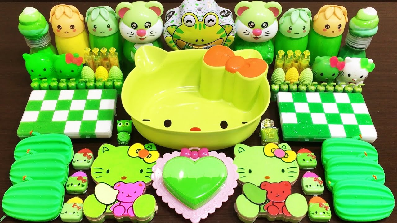 Green Hello Kitty Slime | Mixing Makeup and Glitter into Slime ASMR ...