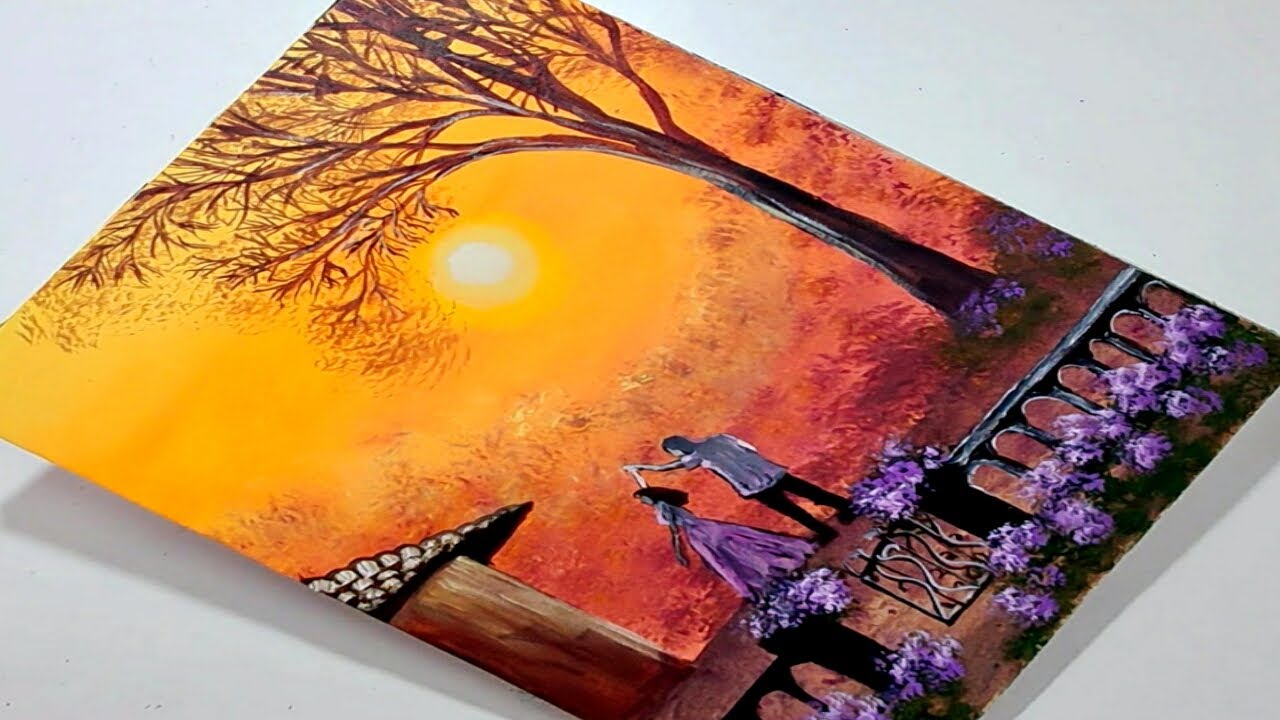 Misty Sunset Landscape Painting | Romantic Couple Painting | Acrylic ...