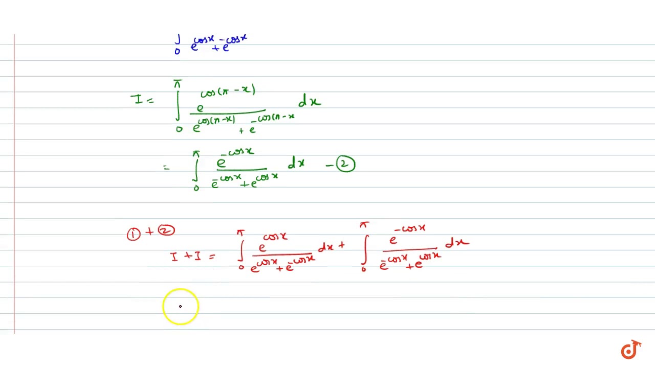 `int_0^pi e^(cosx)/(e^(cosx)+e^(-cosx)) dx=` - YouTube