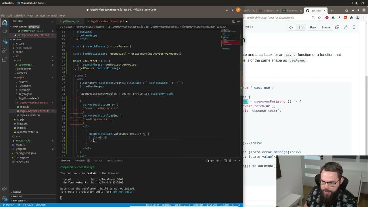 CodeRoad,pl przykładowa lekcja | Moduł 16 – React Router | 11. Fetching on URL param change ...