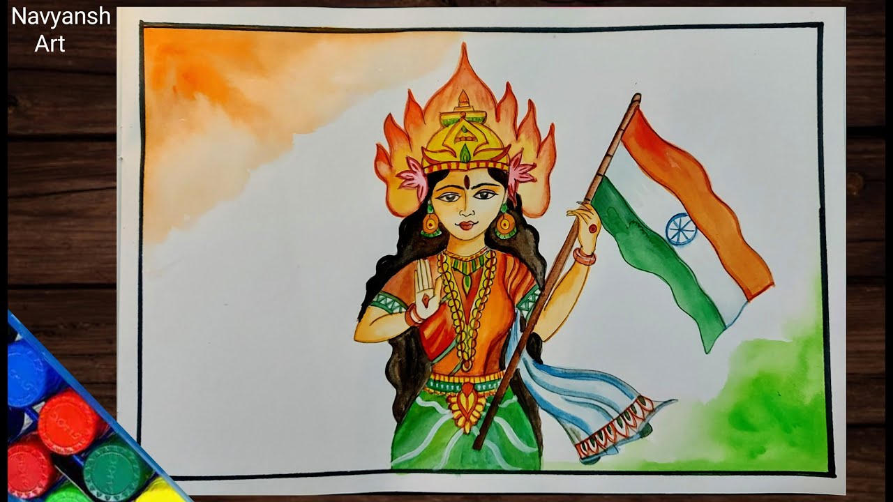 Bharat Mata drawing / How to draw Bharat Mata with Indian Flag step by ...