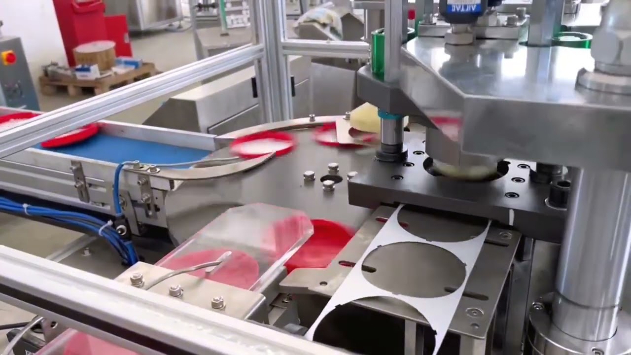 automatic caps liner equipment roll film cutting lining machine - YouTube
