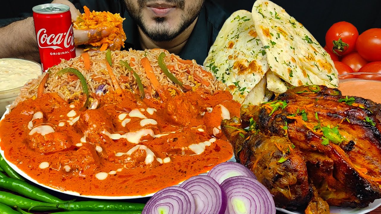 EATING BUTTER CHICKEN MASALA, GARLIC NAAN, GRILLED CHICKEN, CHILI ...