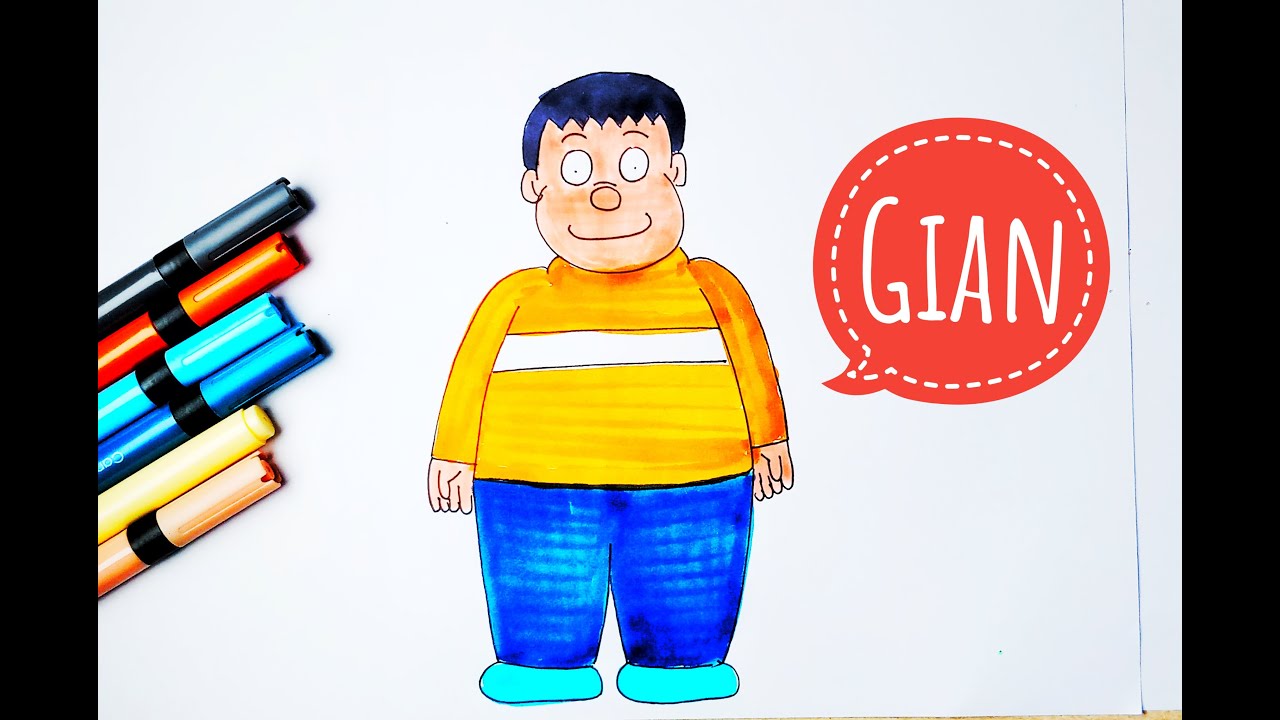 How to draw and colour Gian | Easy drawing of Gian| Doraemon Family ...