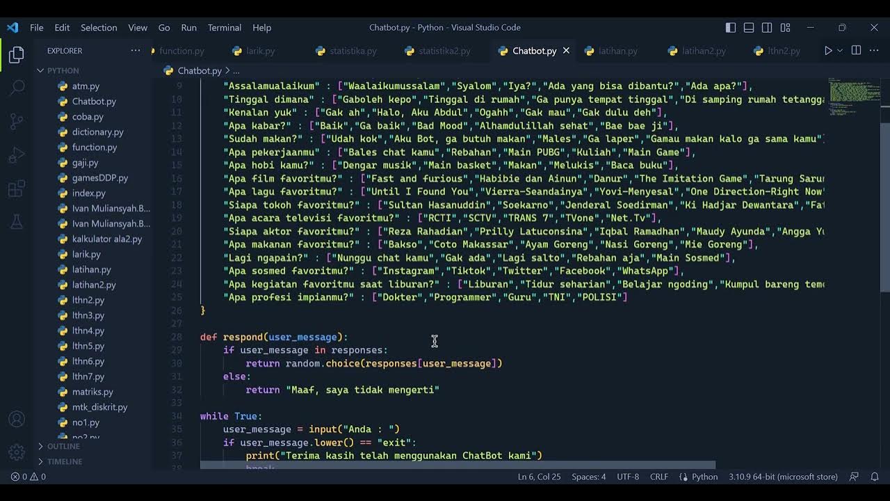 Chatbot sederhana menggunakan bahasa pemrograman Python - YouTube