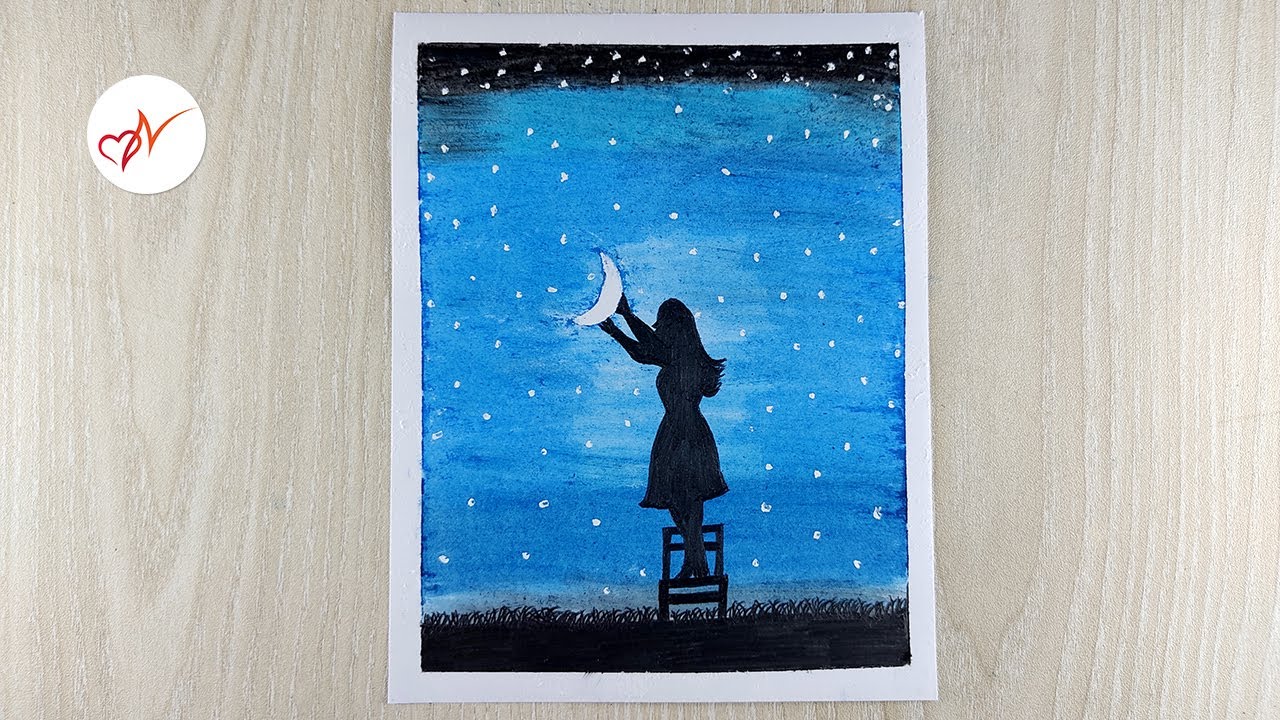 How to draw a girl standing holding moon | Moonlit night scenery oil ...