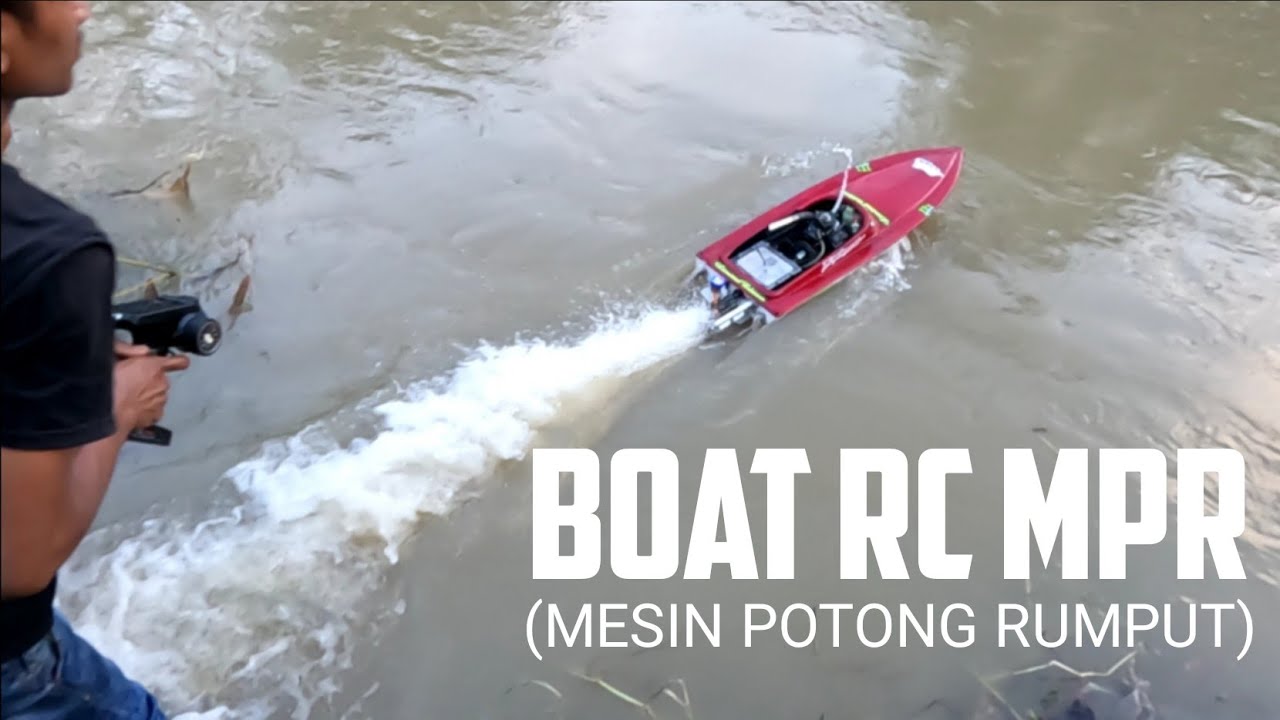 boat rc hull y6 pakai mesin potong rumput di sungai deras - YouTube