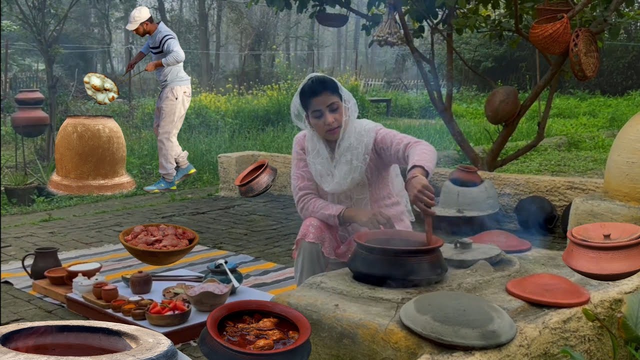 Cooking Masala Handi Chicken Curry With Tandoori Roti in Village ...