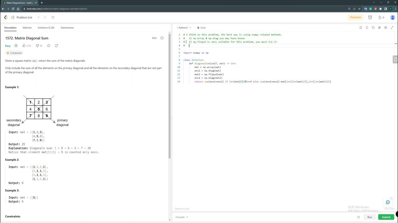 【Leetcode III 68/100】1572. Matrix Diagonal Sum (~Easy) - YouTube