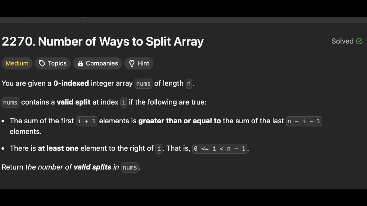 Leetcode 2270. Number of Ways to Split Array - YouTube