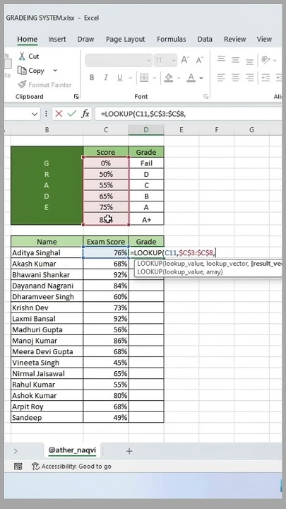 How to calculate grade according to the score in excel l lookup function #excelshorts #ytshorts ...
