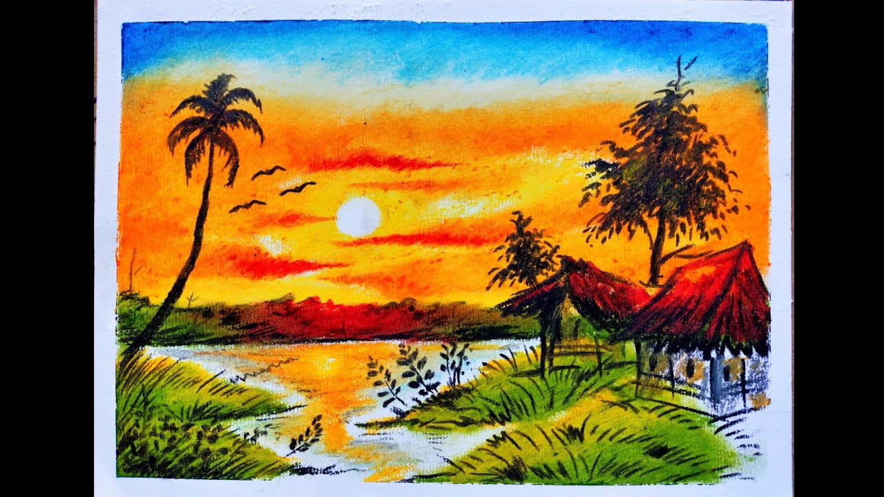 Sunset Scenery Drawing || How to Draw beautiful sunset Scenery || Art ...