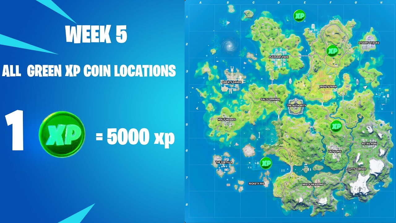All Week 5 Green Xp Coin Locations! Fortnite Week 5 Xp Coins - Fortnite ...