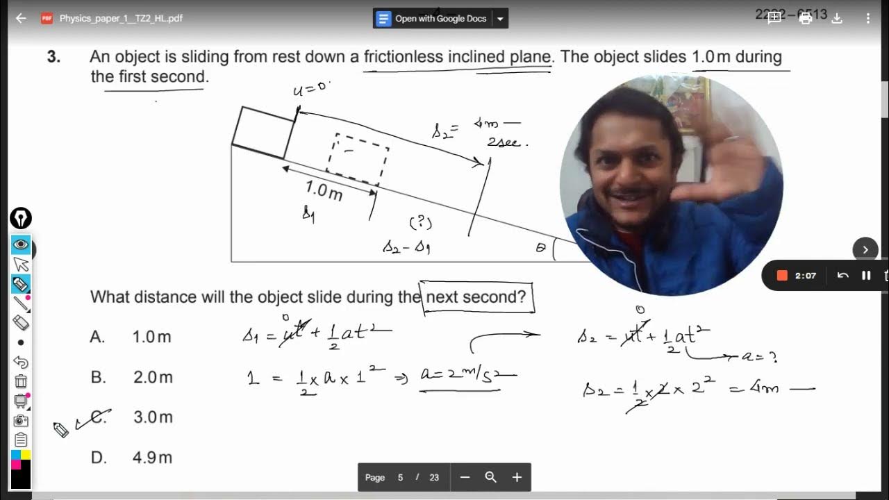 An object is sliding from rest down a frictionless inclined plane. The object slides 1.0 m ...