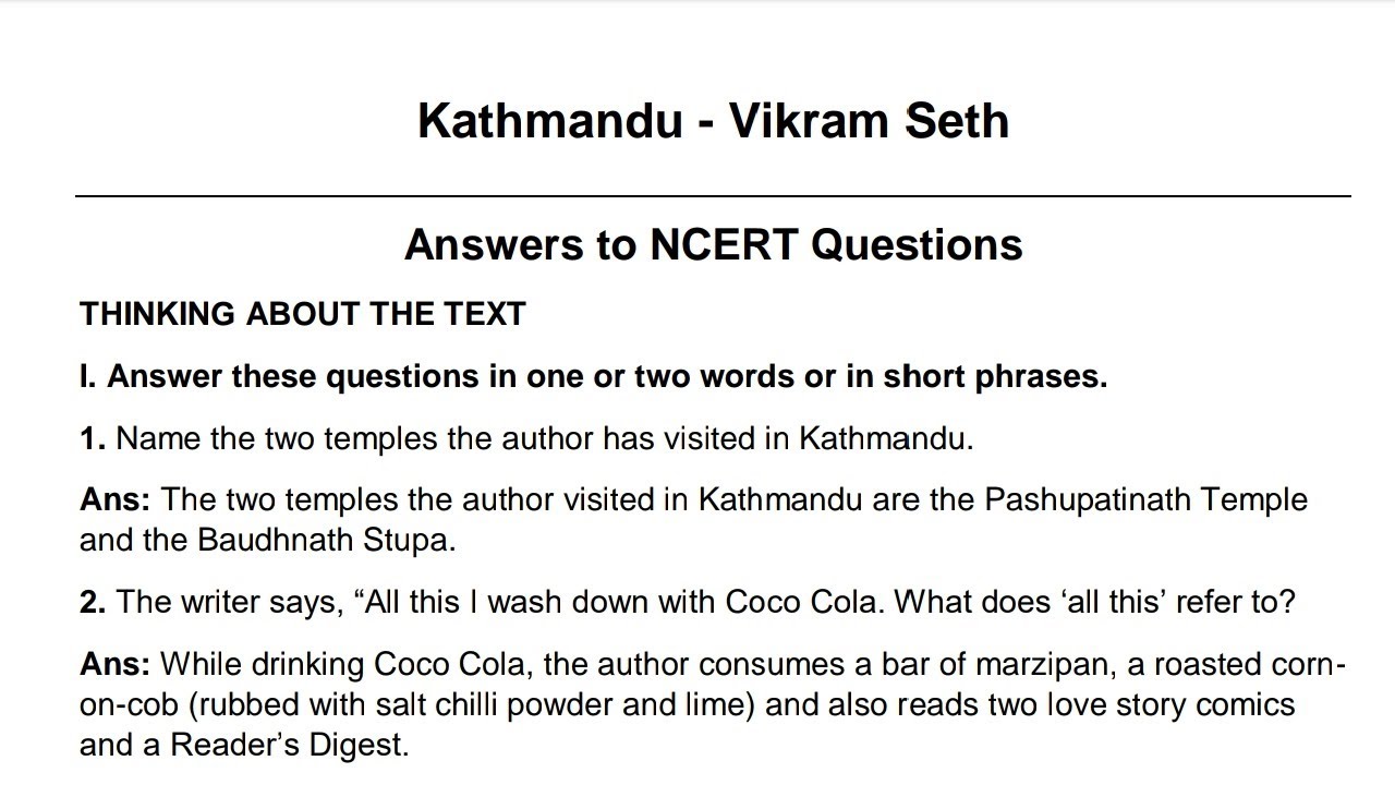 Kathmandu By Vikram Seth Question Answer Beehive Class 9 CBSE