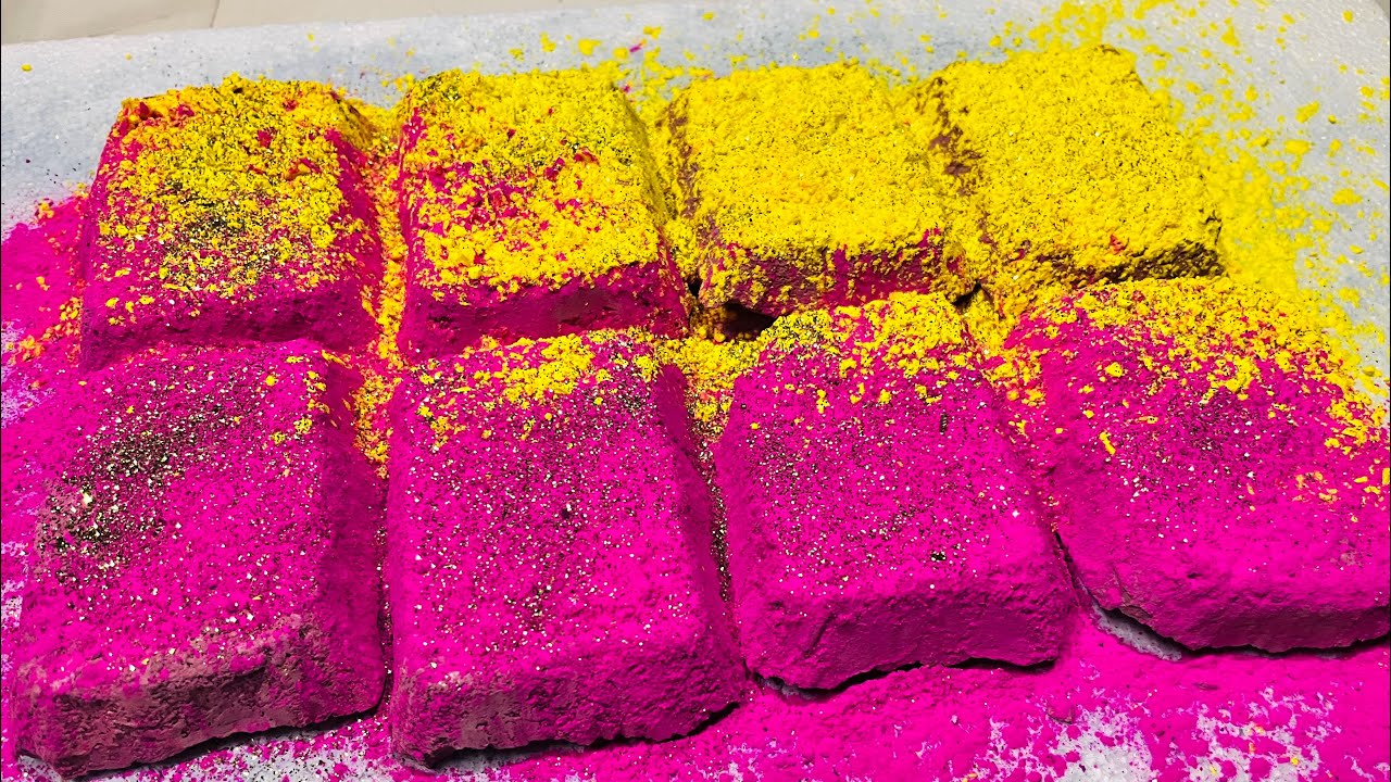 Pink and yellow Holi powder covered with glitter || crunchy ...