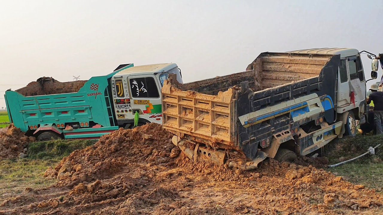 Dump Truck Stuck in Deep Mud, Bulldozer Working, Dump Truck in Cambodai ...