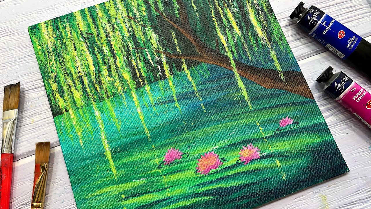 Drawing Spring Tree landscape / Acrylic Painting for Beginners / Step ...