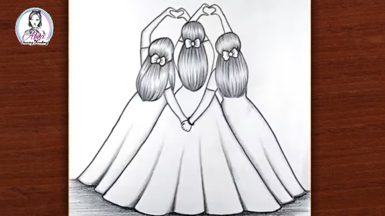 Three Best Friends Girls Pencil Sketch Drawing | Pencil Art for ...