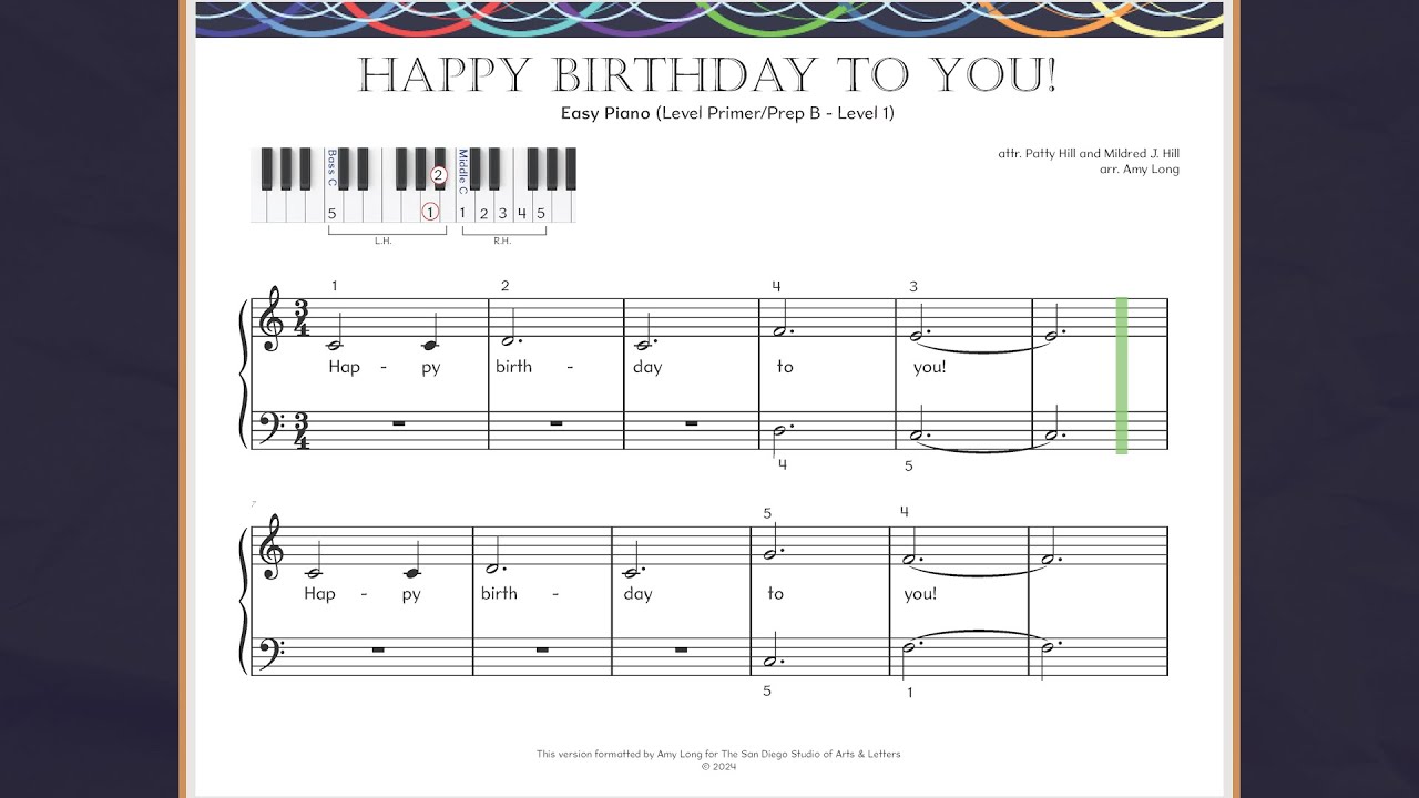 "Happy Birthday To You" (Piano Sheet Music) (Beginner) (Level Primer ...