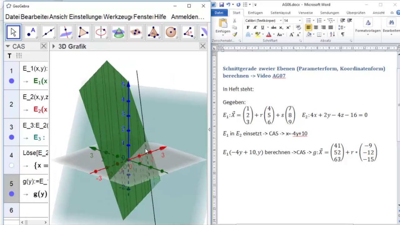 AG07: Schnittgerade zweier Ebenen (Parameterform, Koordinatenform ...