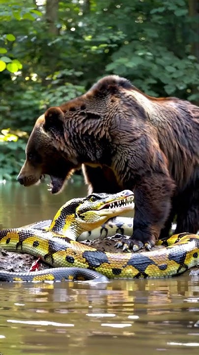 Grizzly bear meets giant python #youtubeshorts #snake #animals #bigpython #Grizzlybear - YouTube
