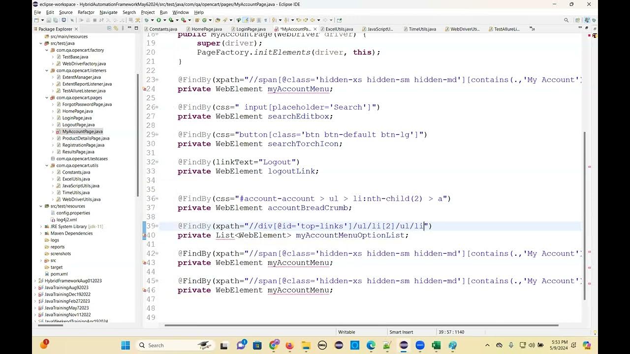 Selenium HybridFramework Pages Design MyAccountPage May 09 2024 - YouTube