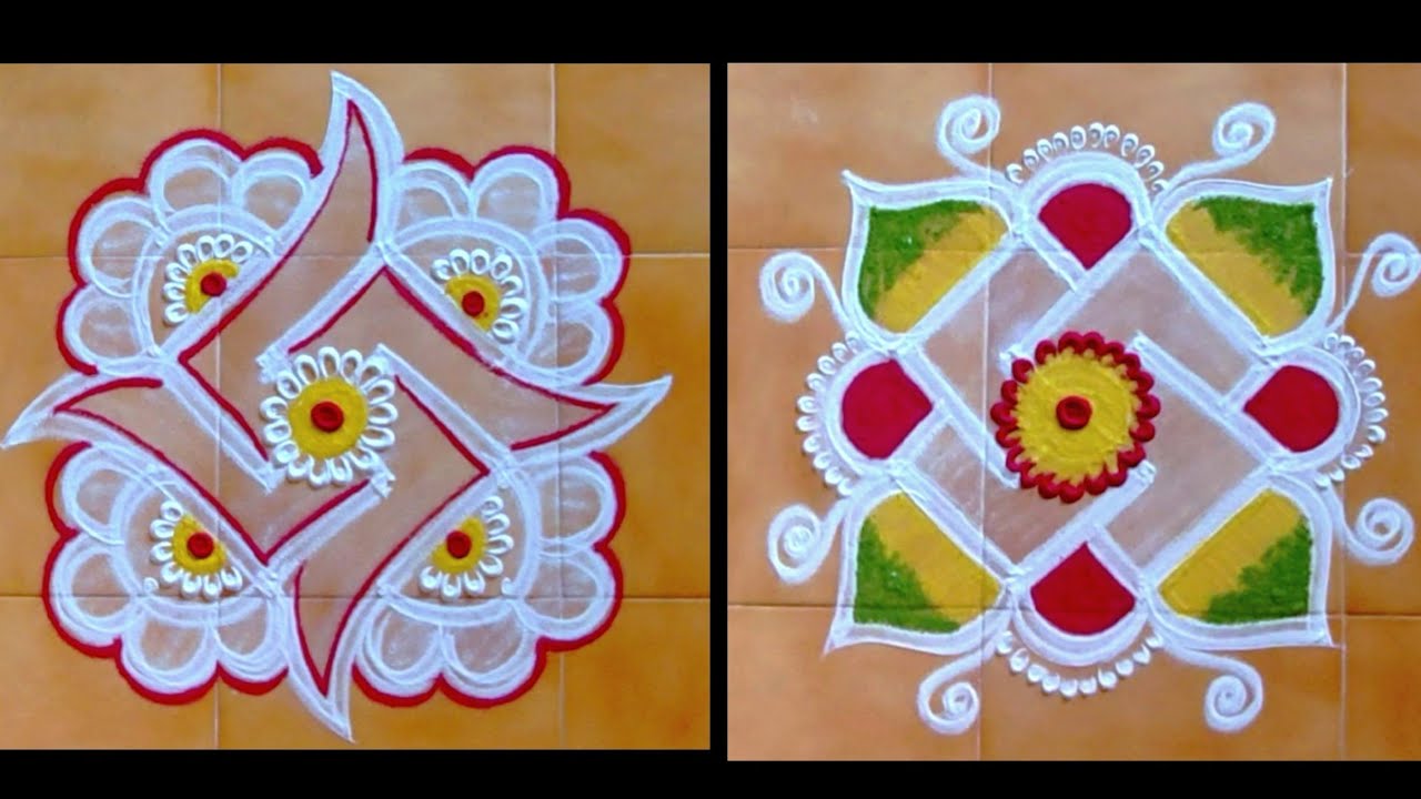 Swastik colour rangoli design Kolangal 4×4 dots Thiru Aarooran kolangal ...