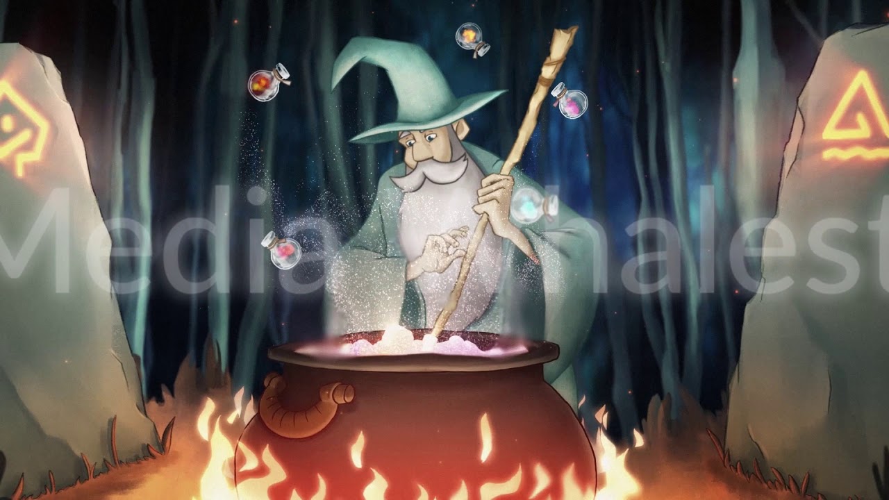 Abstract animation of an old wizard making a potion above boiling pot ...