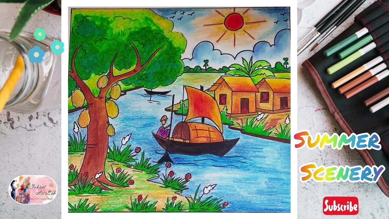 How to draw scenery of summer Season step by step || গ্রীষ্মকালের দৃশ্য ...