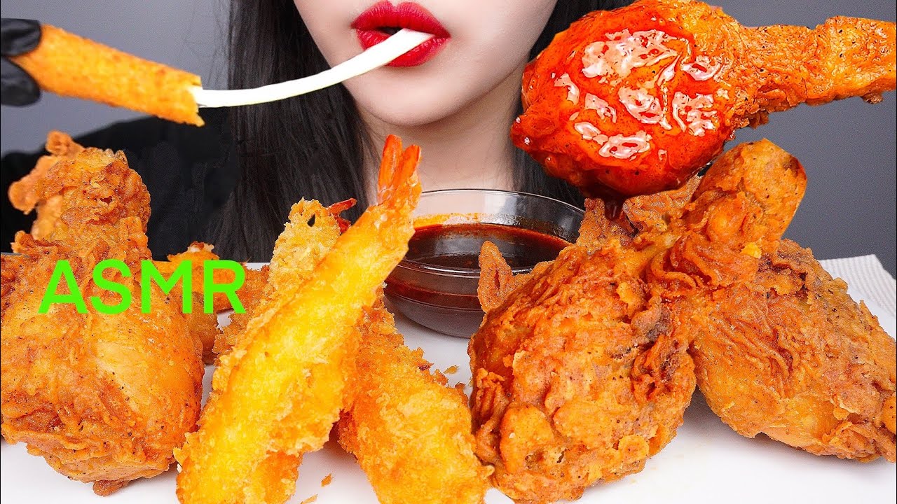 ASMR CHICKEN *CRISPY* FRIED SHRIMP CHEESE STICKS chicken eating sound ...