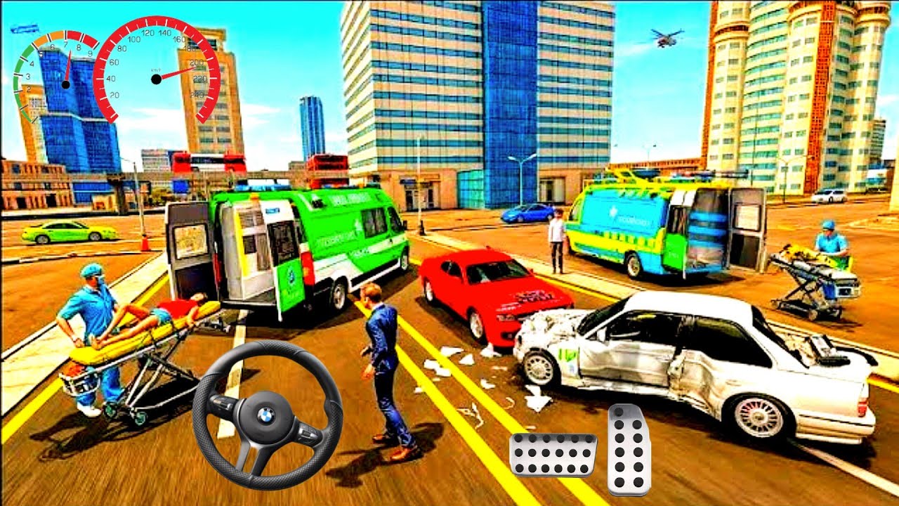 3D City ambulance driving for patients who accident in cars pick and ...